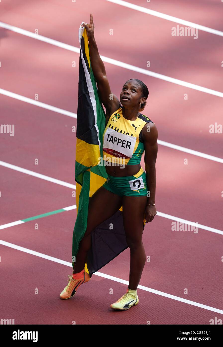 Jamaica's Megan Tapper celebrates taking the bronze medal in the Women ...