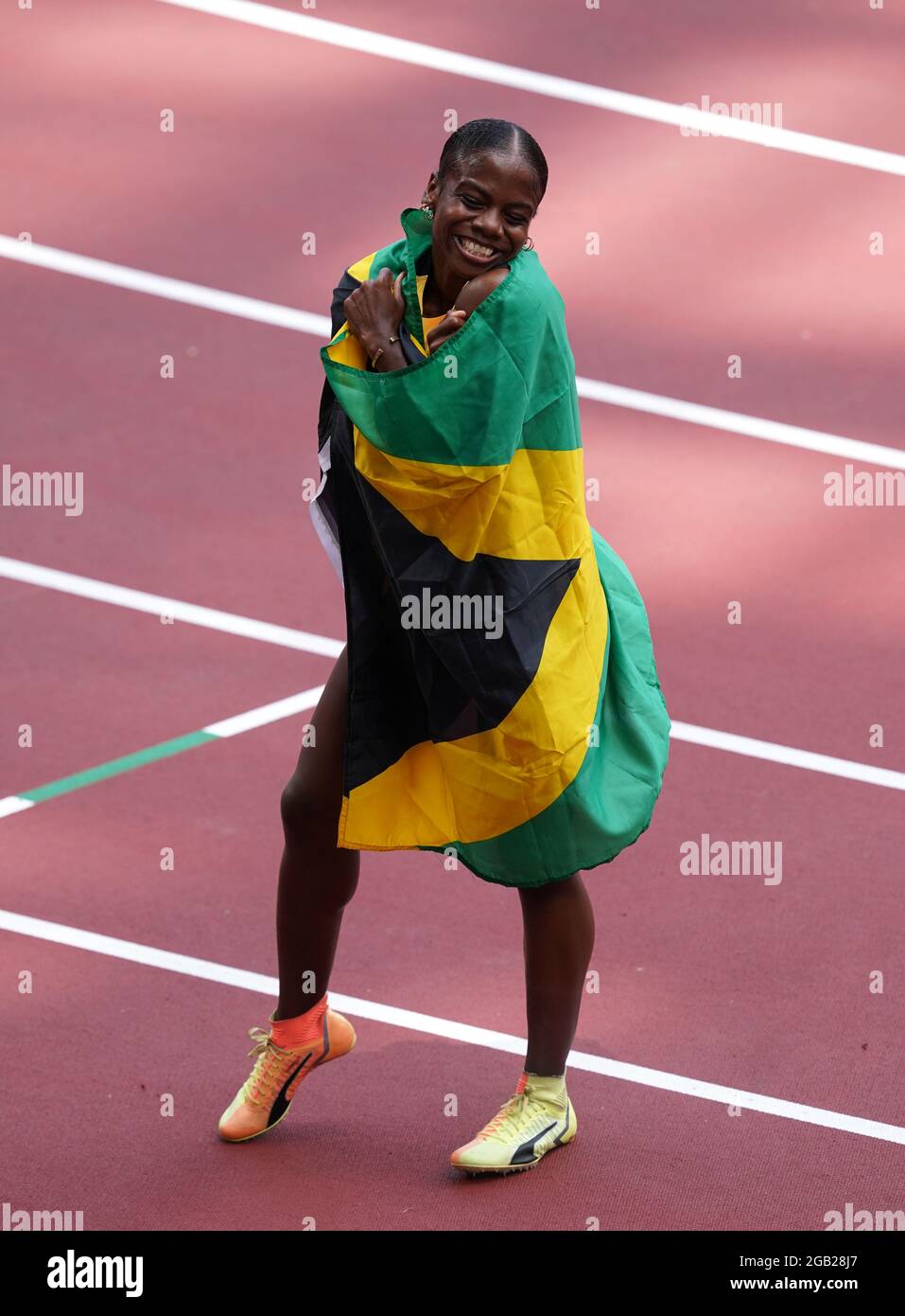 Jamaica's Megan Tapper celebrates taking the bronze medal in the Women ...
