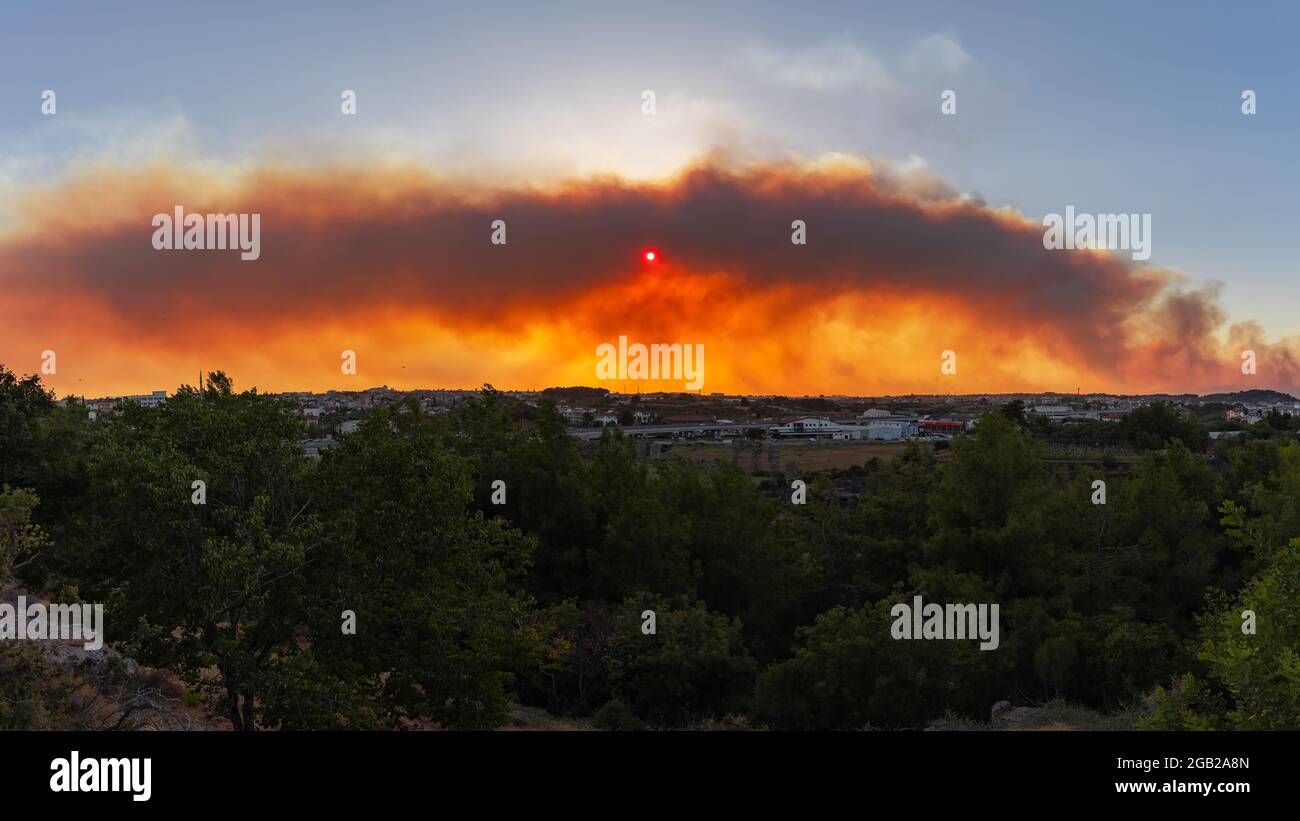 Panoramic View from the fire in Manavgat Antalya Turkey, fire fumes in ...