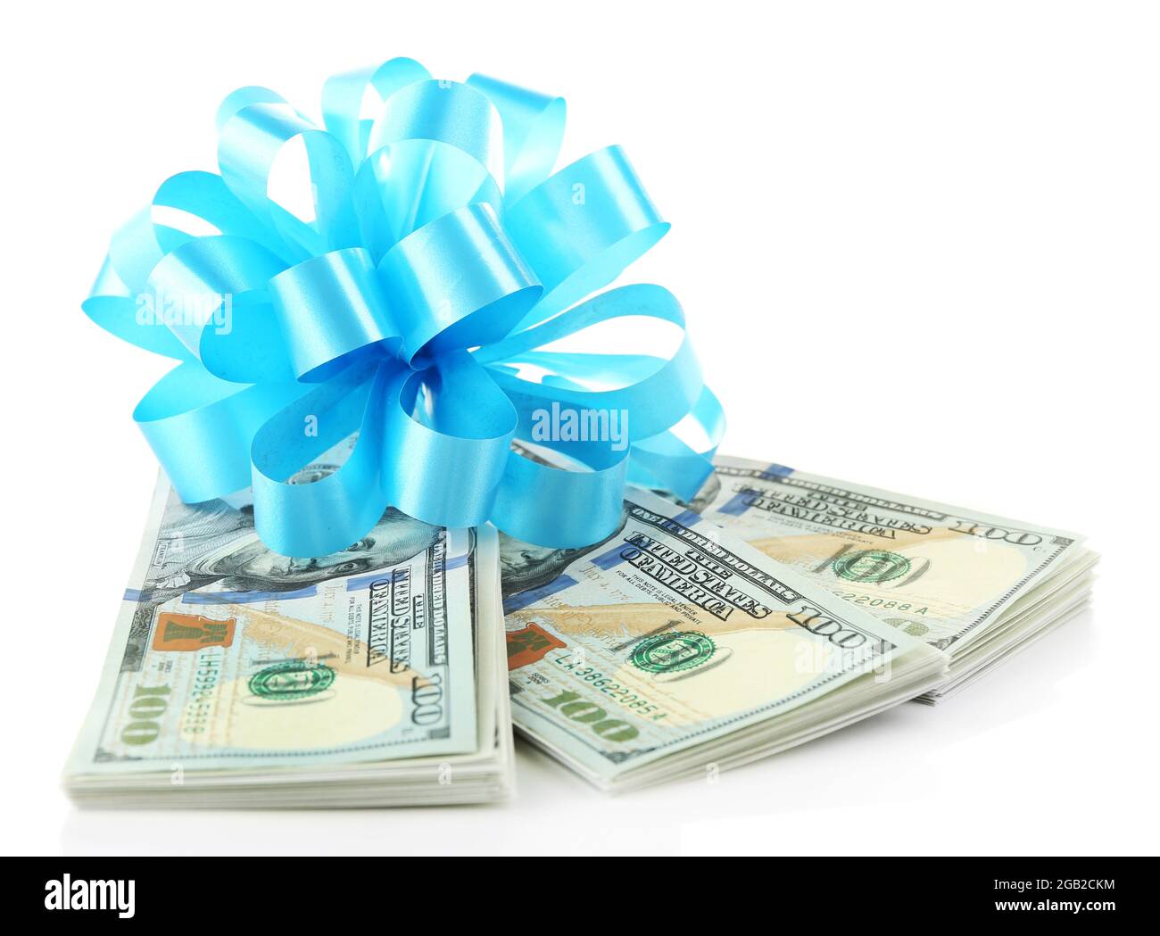 Dollars and big blue bow isolated on white Stock Photo - Alamy