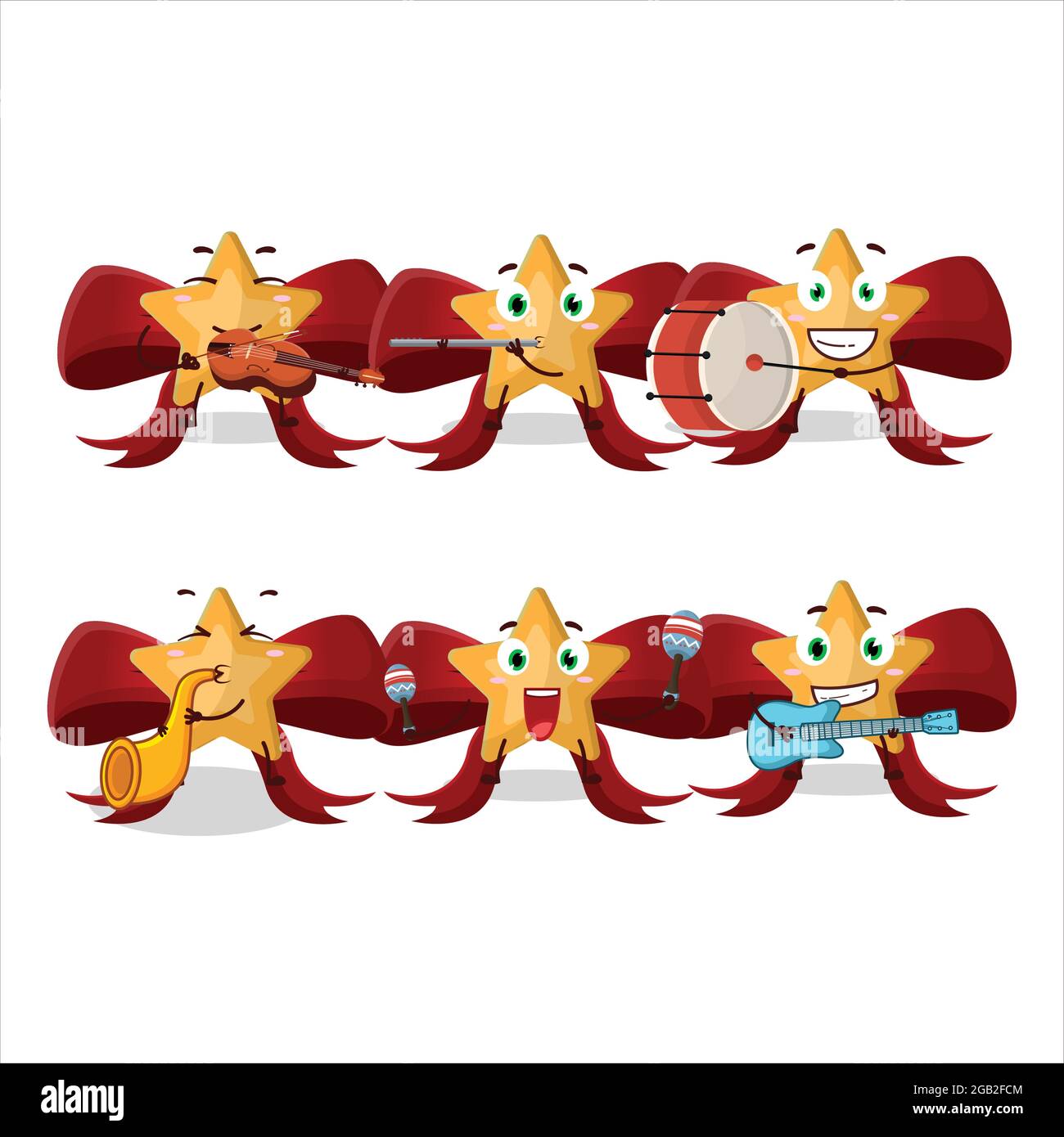 Cartoon character of red bow with star playing some musical instruments ...