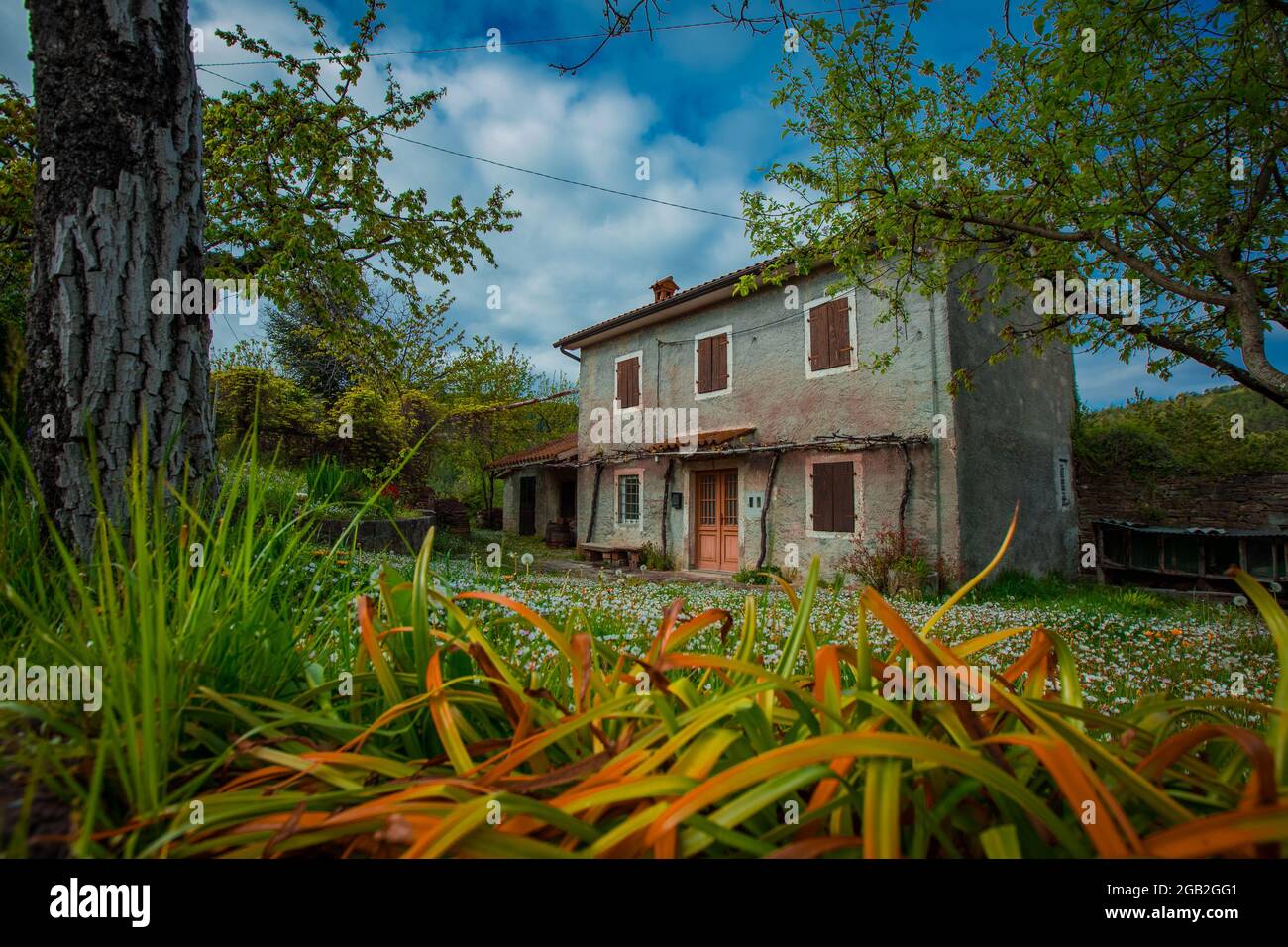 Beautiful old colorful building on the Karst or Kras land in Slovenia ...