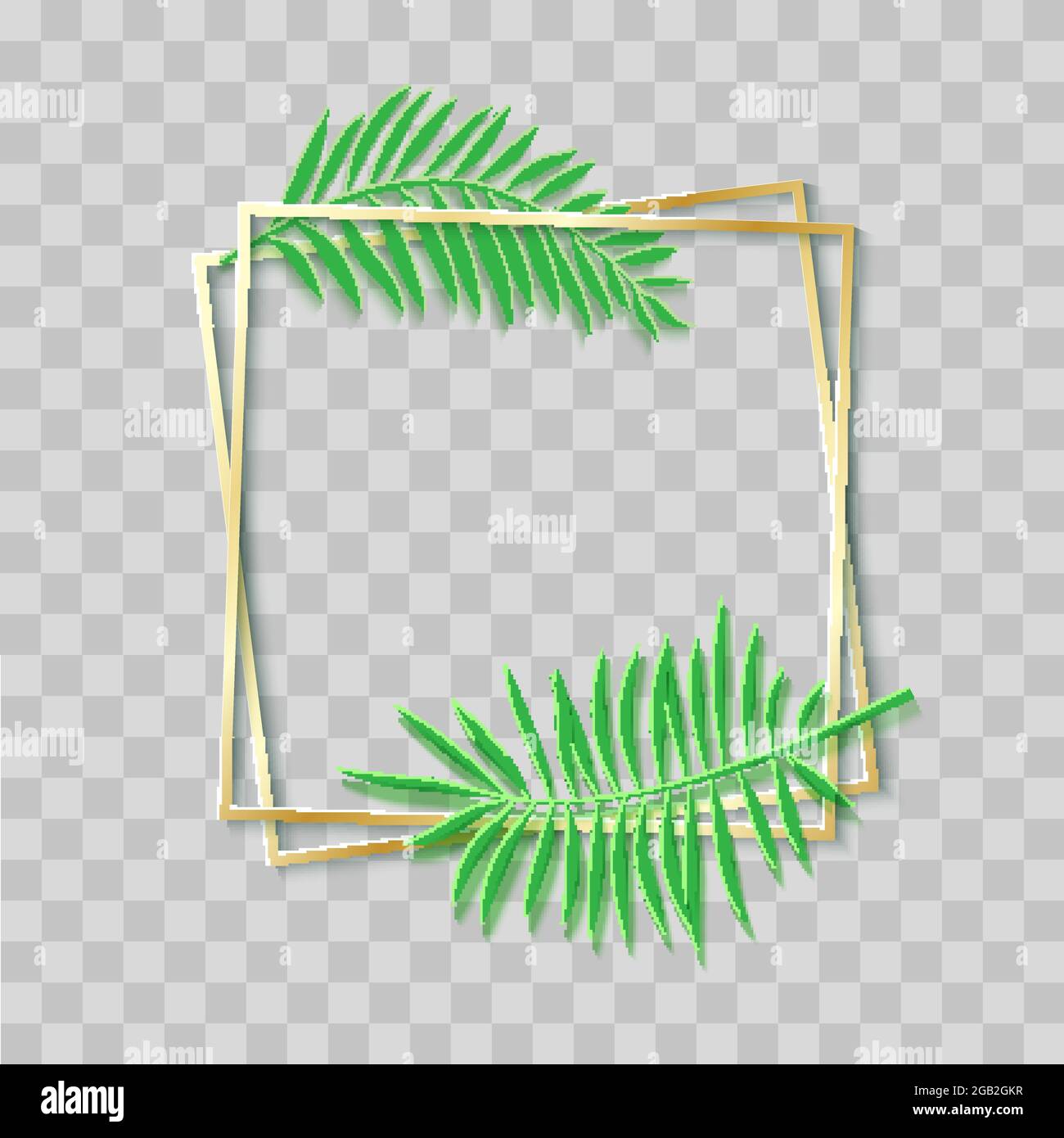 Paper cut gold frame with tropical leaves. Two golden inclined square ...