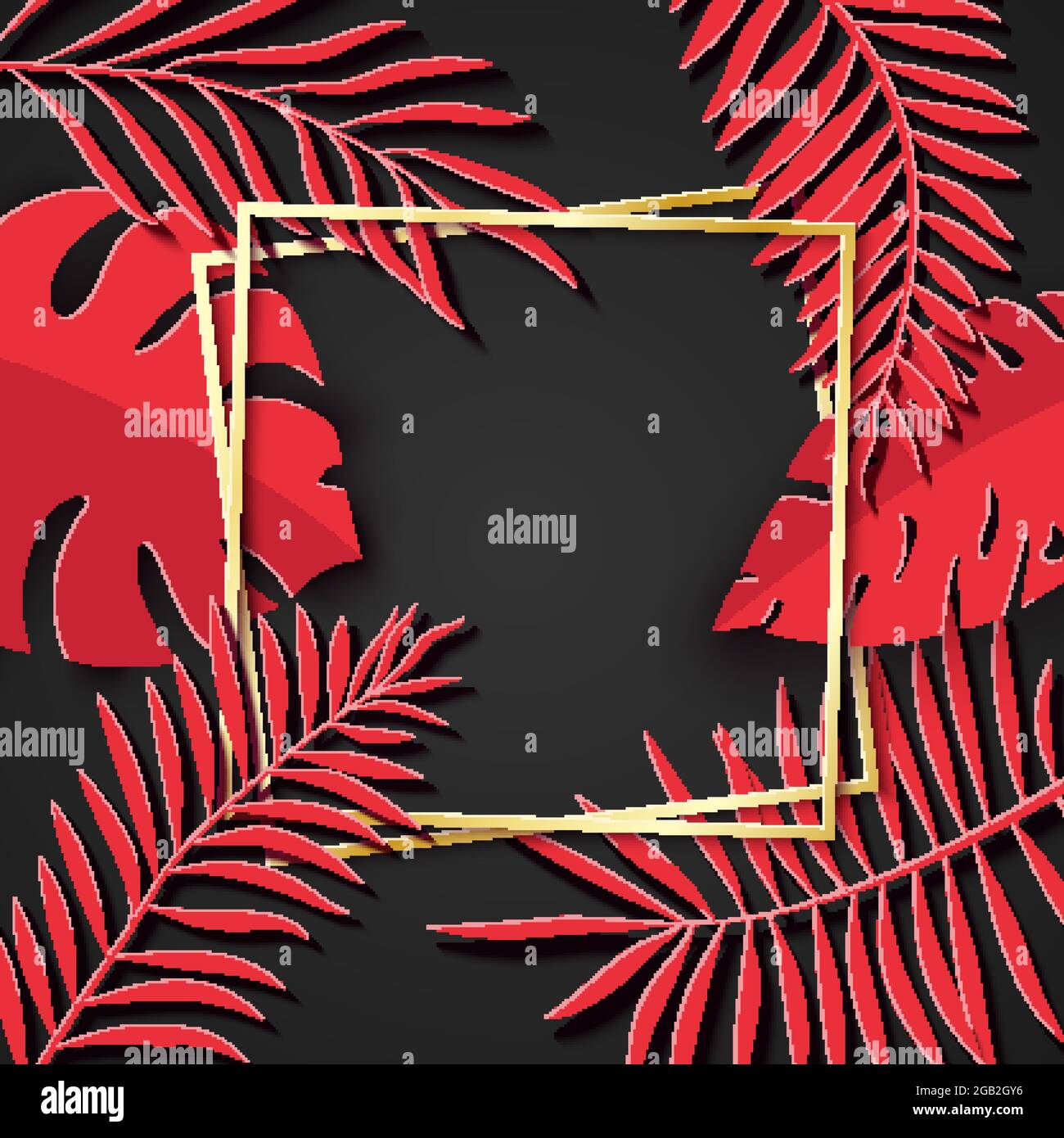 Paper cut gold frame with red tropical leaves. Two golden inclined ...