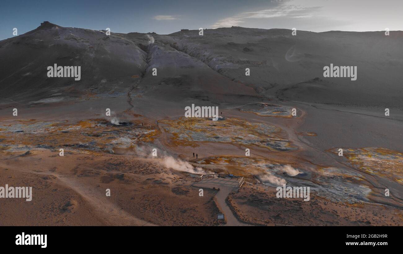 Hverir geothermal mud springs in Iceland close to lake Myvatn. Aerial ...