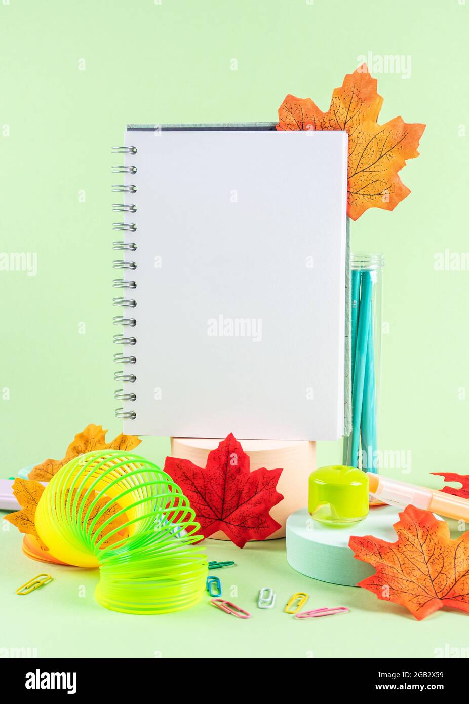 Back to school white page mockup with colorful stationery Stock Photo ...