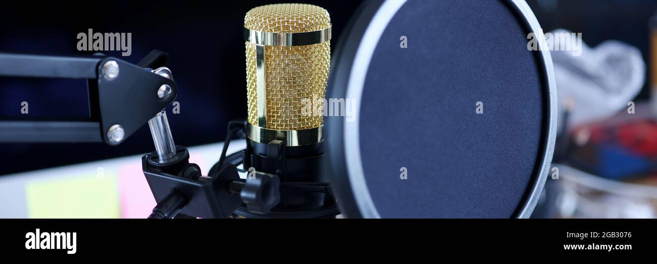 Studio microphone with screen in recording studio Stock Photo - Alamy
