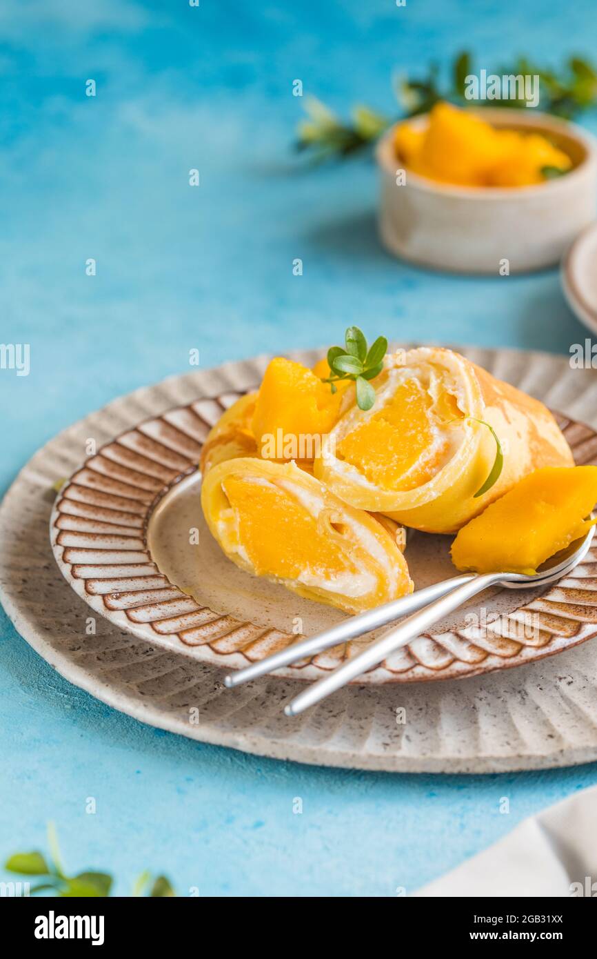 Sticky rice and mango crepe cake roll , Hong Kong , Thai food style in ...