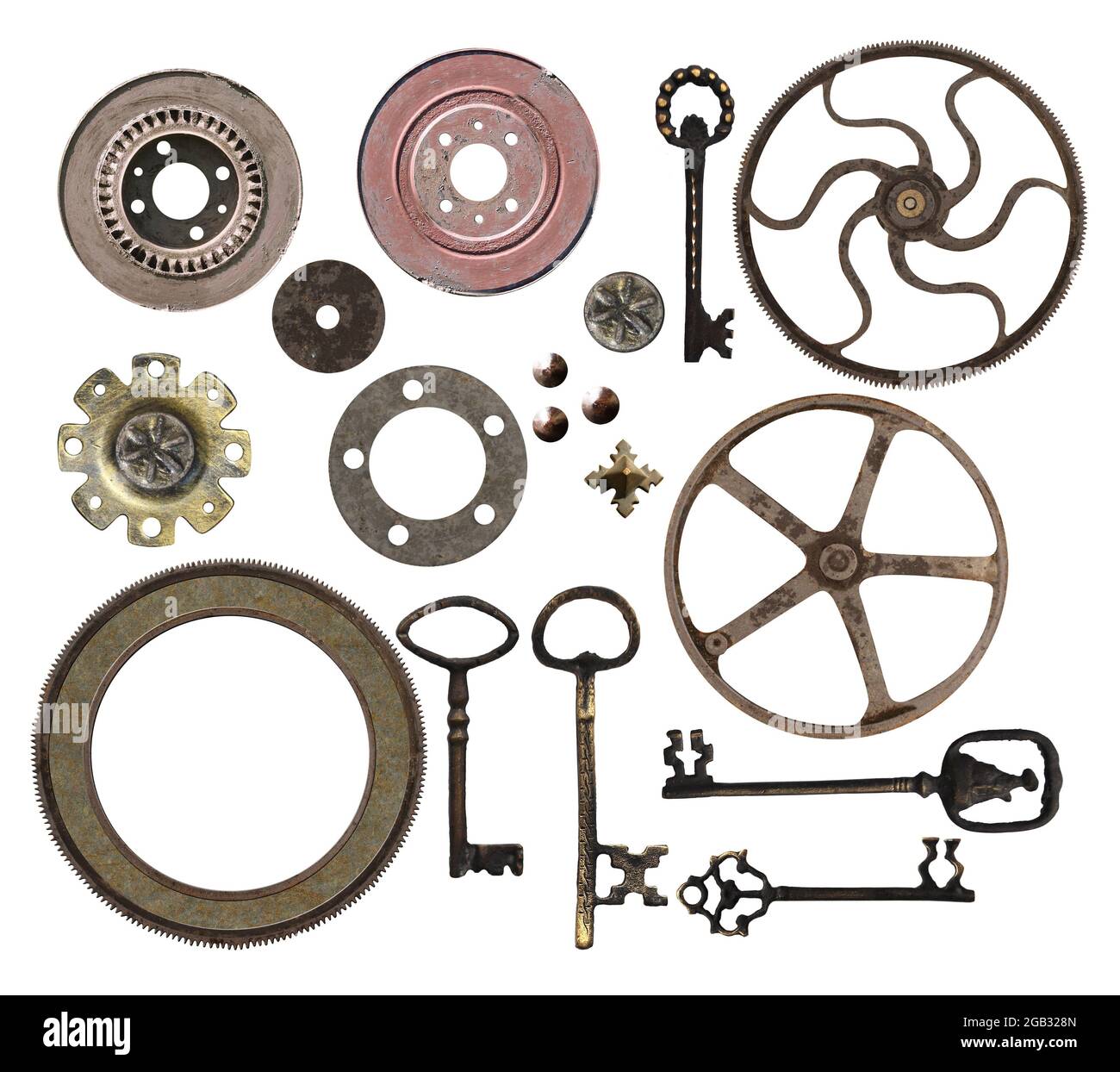 Set of vintage keys, metallic round frames, machine gears and cogwheel ...