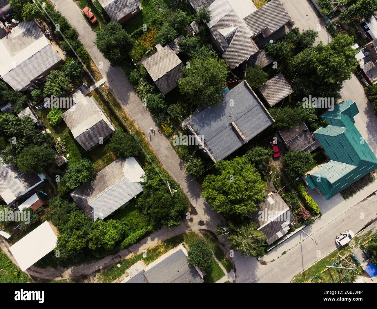 Aerial view of suburb of European city. Green neighbourhood on a sunny ...