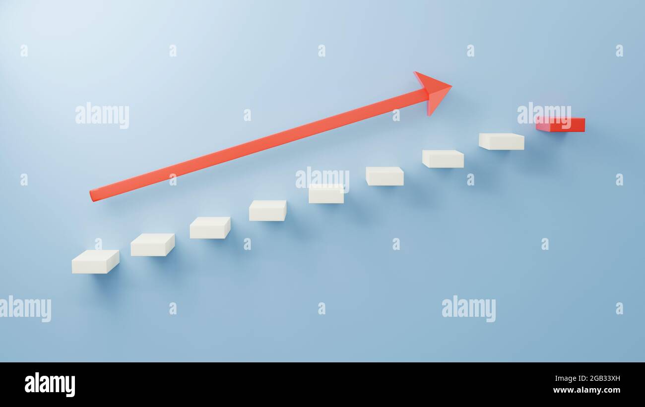 Black stairs 3D on blue wall first step up with red arrow symbol ...