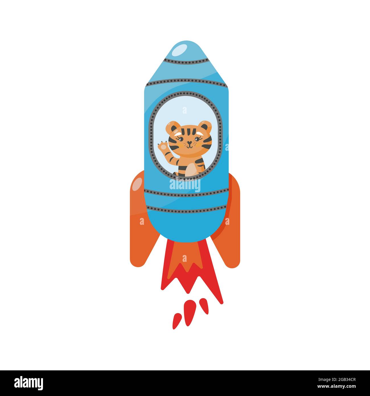 Funny tiger waving from the rocket. Animal isolated vector illustration ...