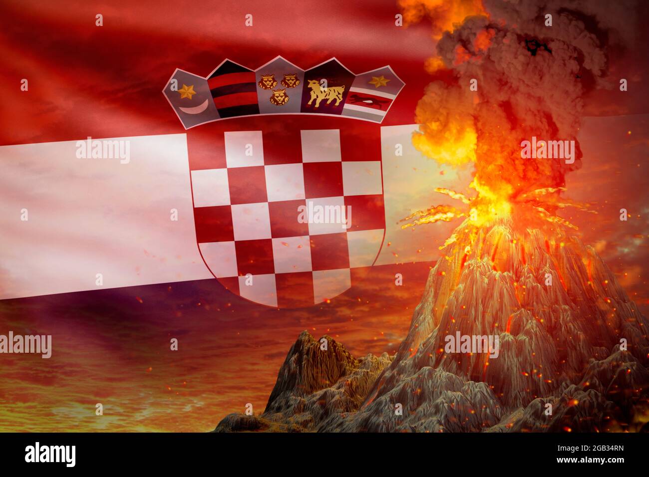 volcano eruption at night with explosion on Croatia flag background ...