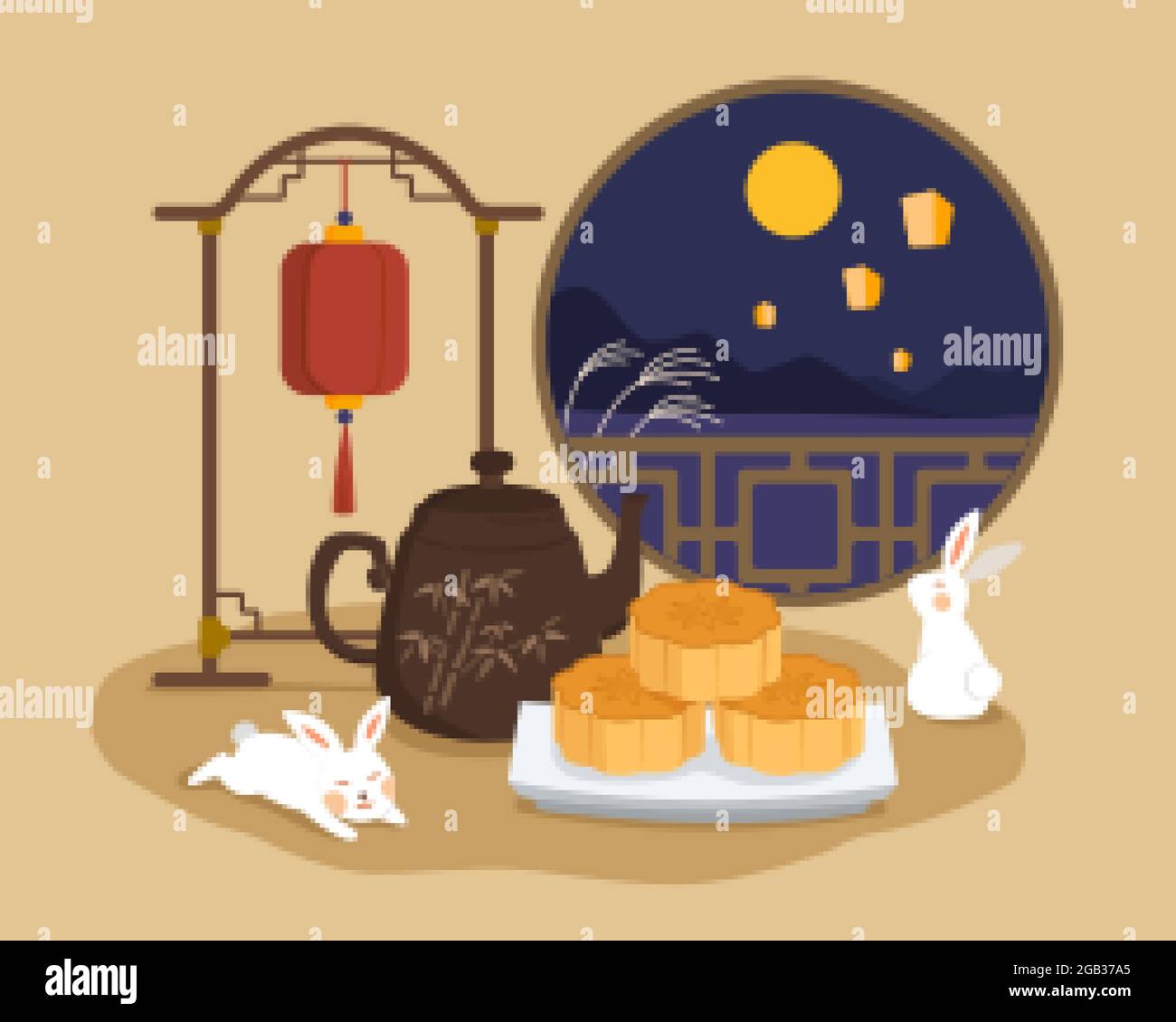 Mid autumn festival poster design. Flat illustration of moon rabbits ...