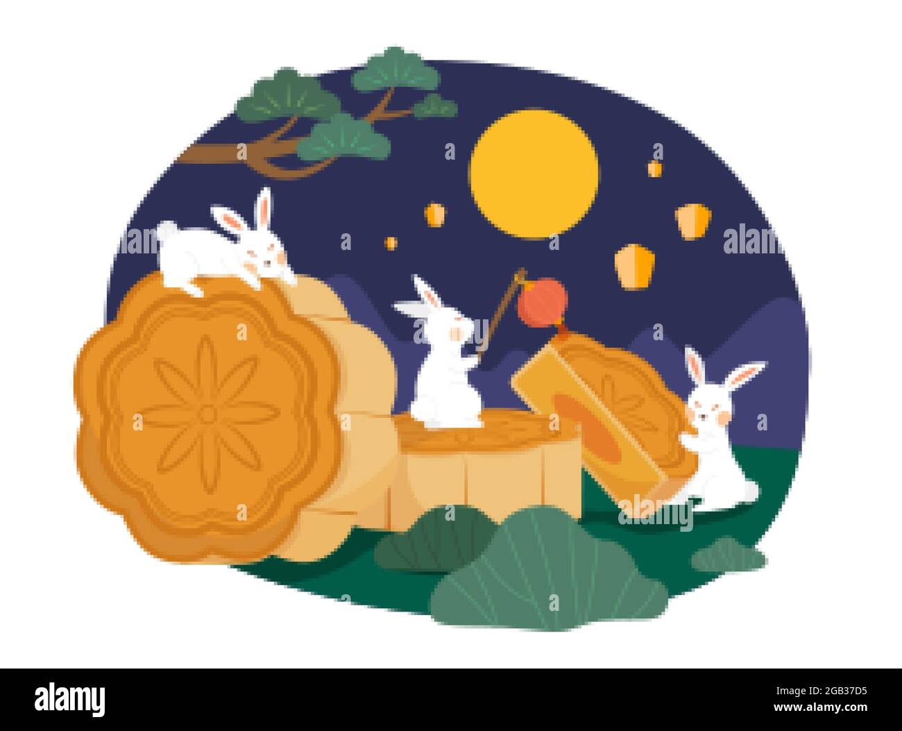 Mid autumn festival design. Flat illustration of moon rabbits on ...