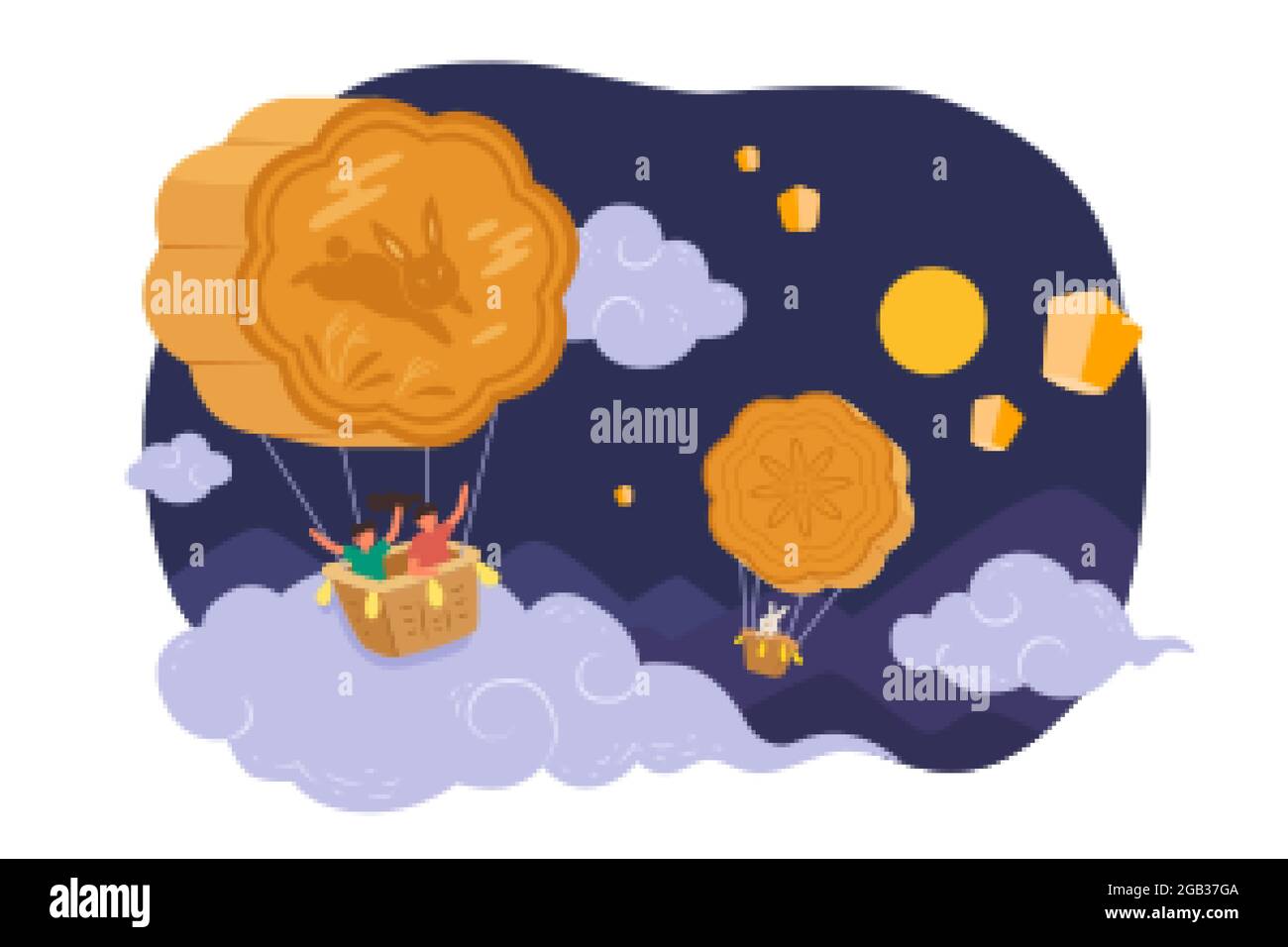 Mid autumn festival design. Flat illustration of people enjoying ...