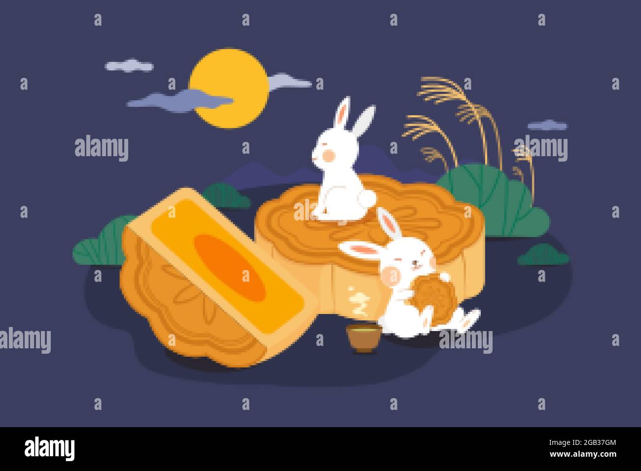 Mid autumn festival design. Flat illustration of two rabbits eating ...