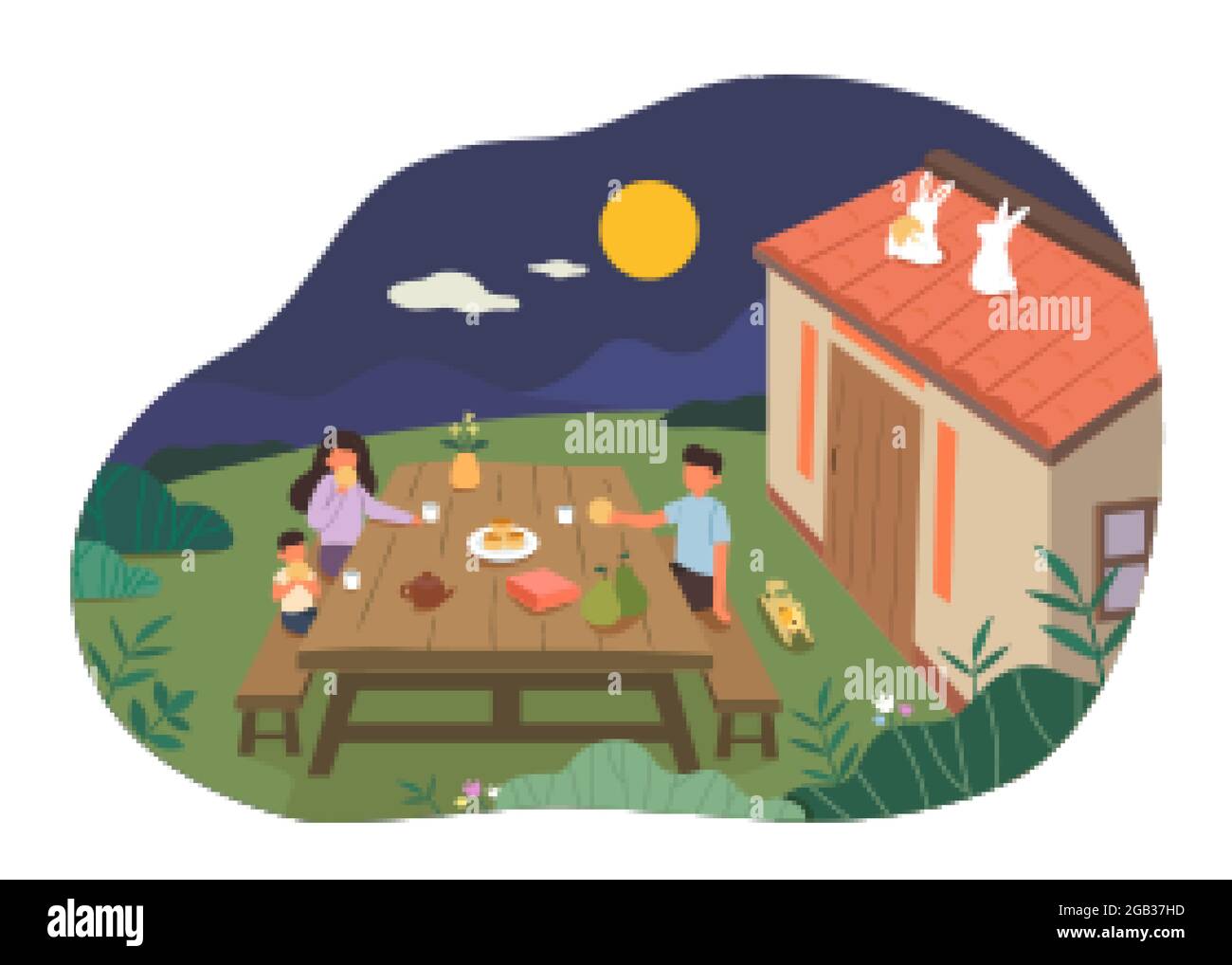 Mid autumn festival family reunion. Flat illustration of family having ...
