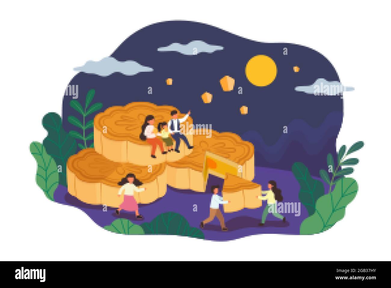 Family reunion on mooncake festival. Flat illustration of family ...
