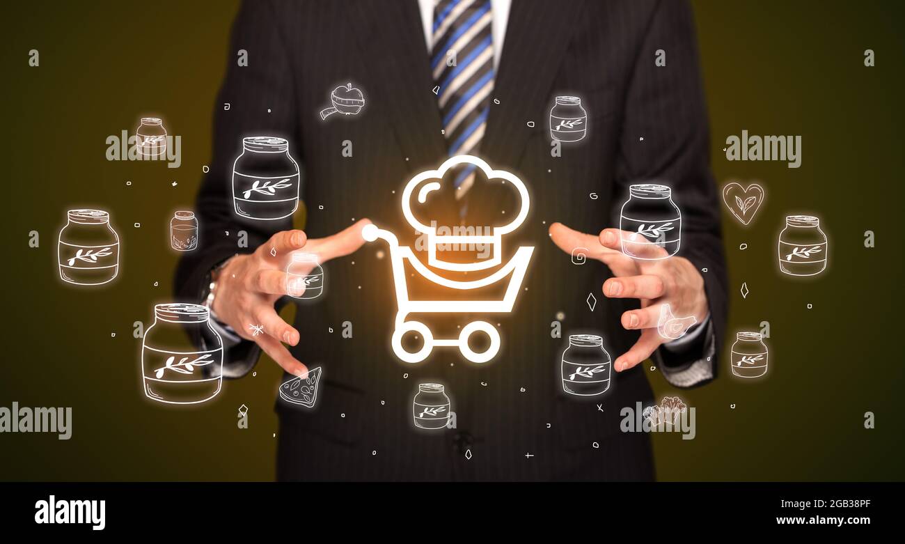 Hand holding food related icons Stock Photo - Alamy