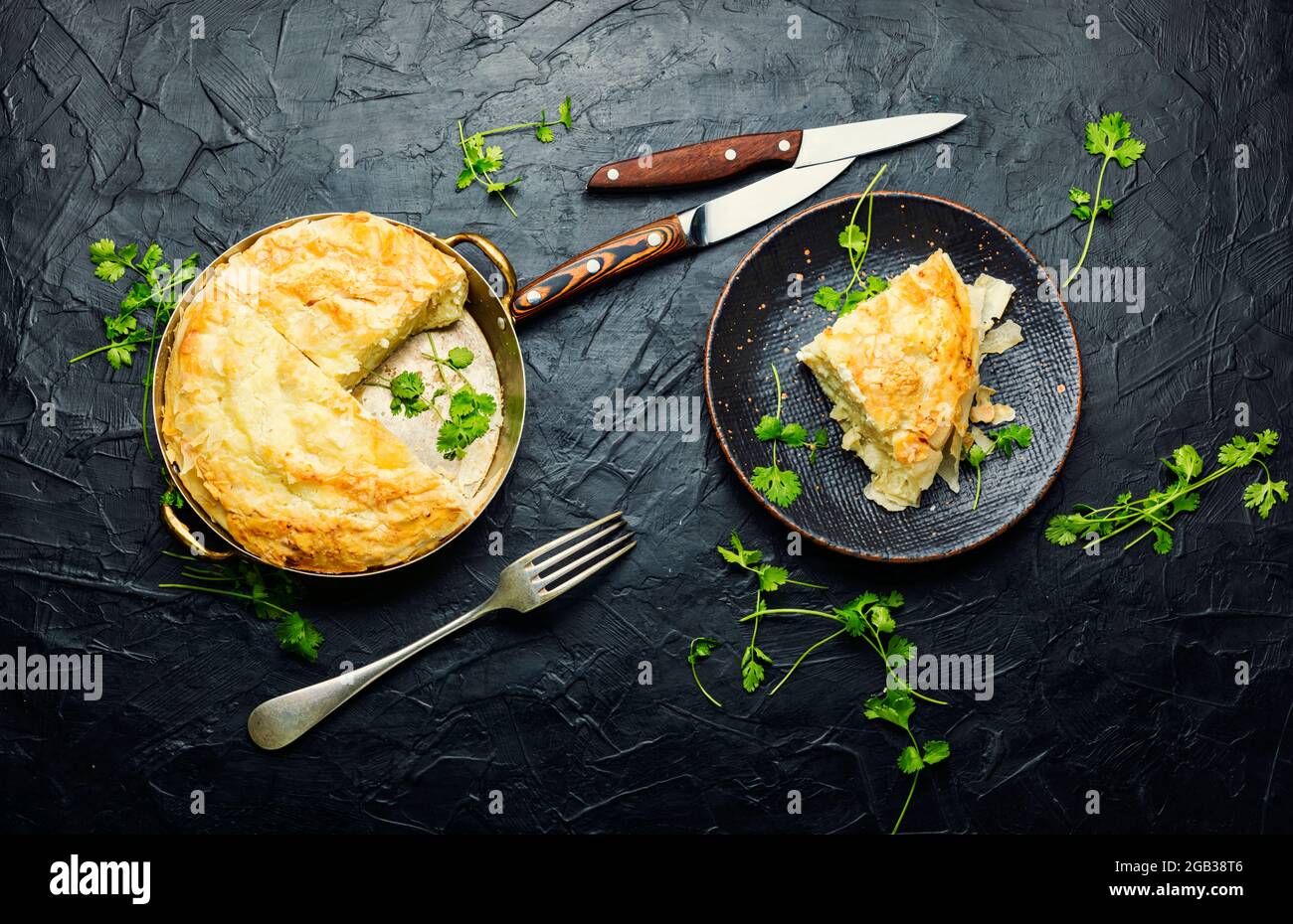 Filo dough pie with cheese and cottage cheese Stock Photo - Alamy