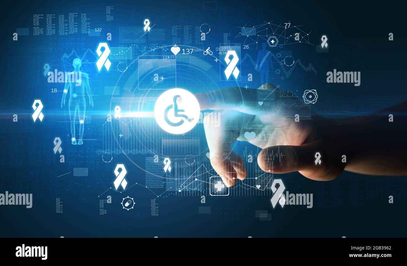 Doctor hand pressing futuristic health device with medical symbol on screen Stock Photo - Alamy