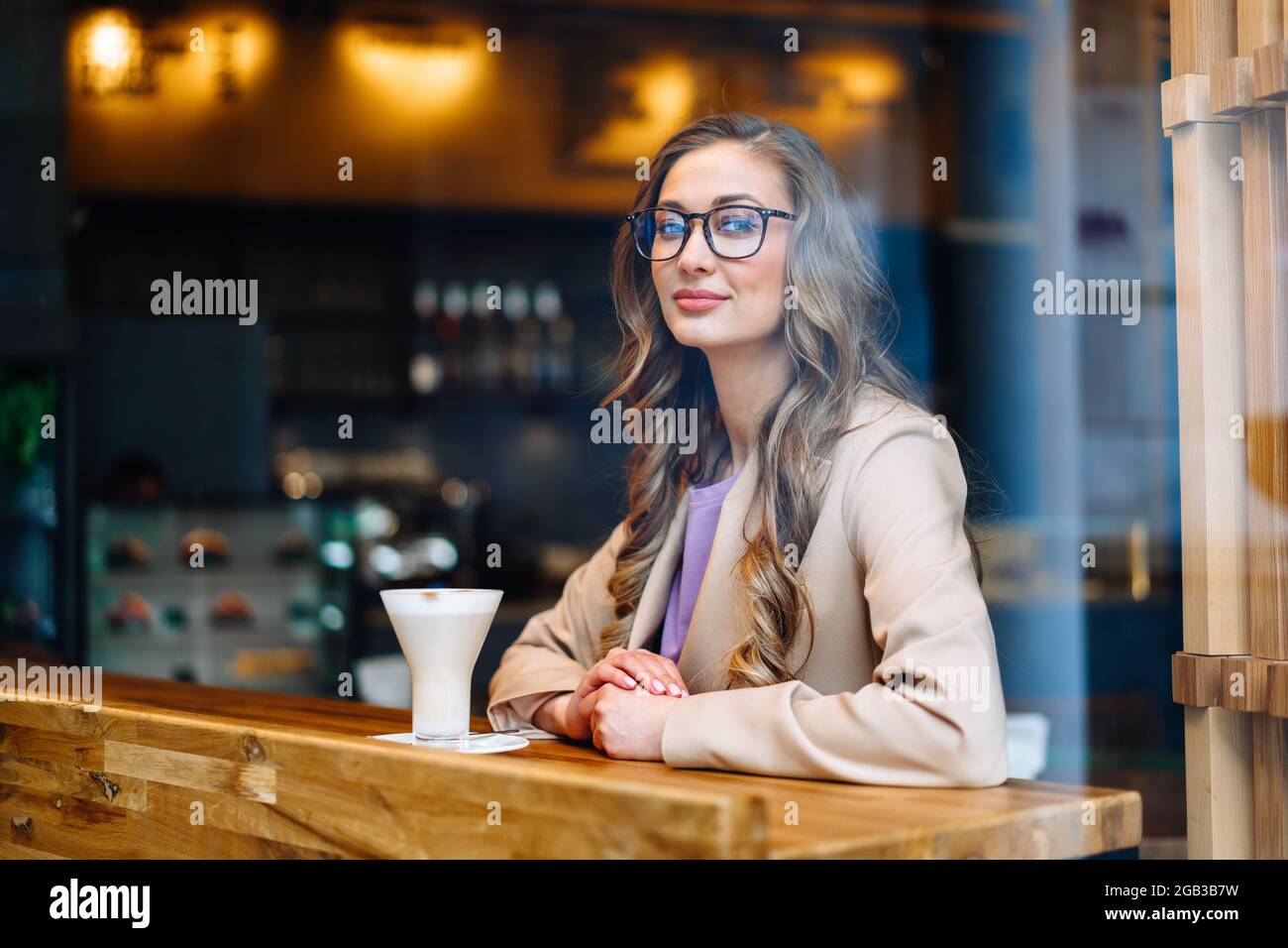 Business Woman Sitting Cafe Behind Window Waiting Business Partner ...