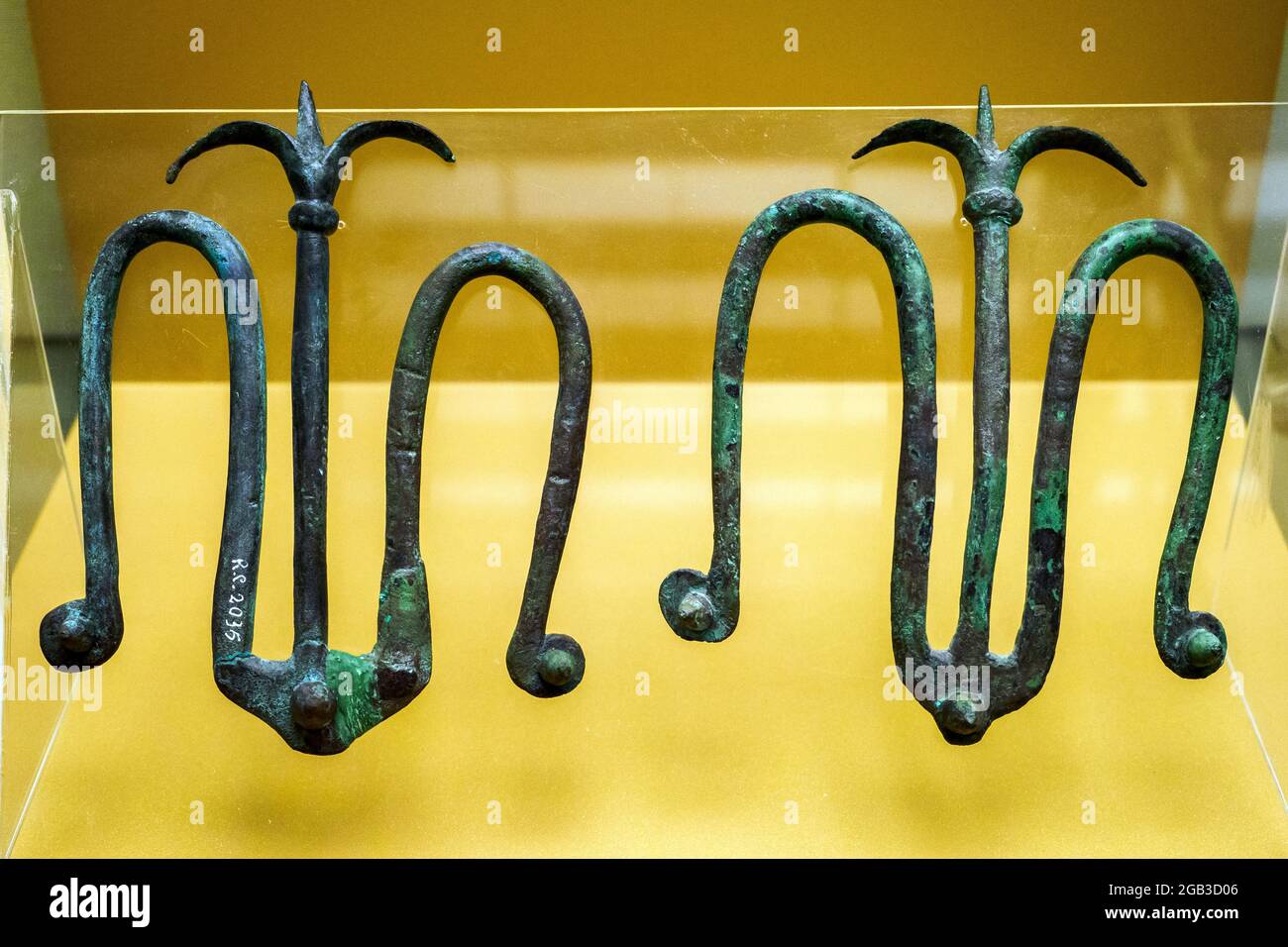 Two bronze arched fibulae with decorated arches from Monterozzi ...