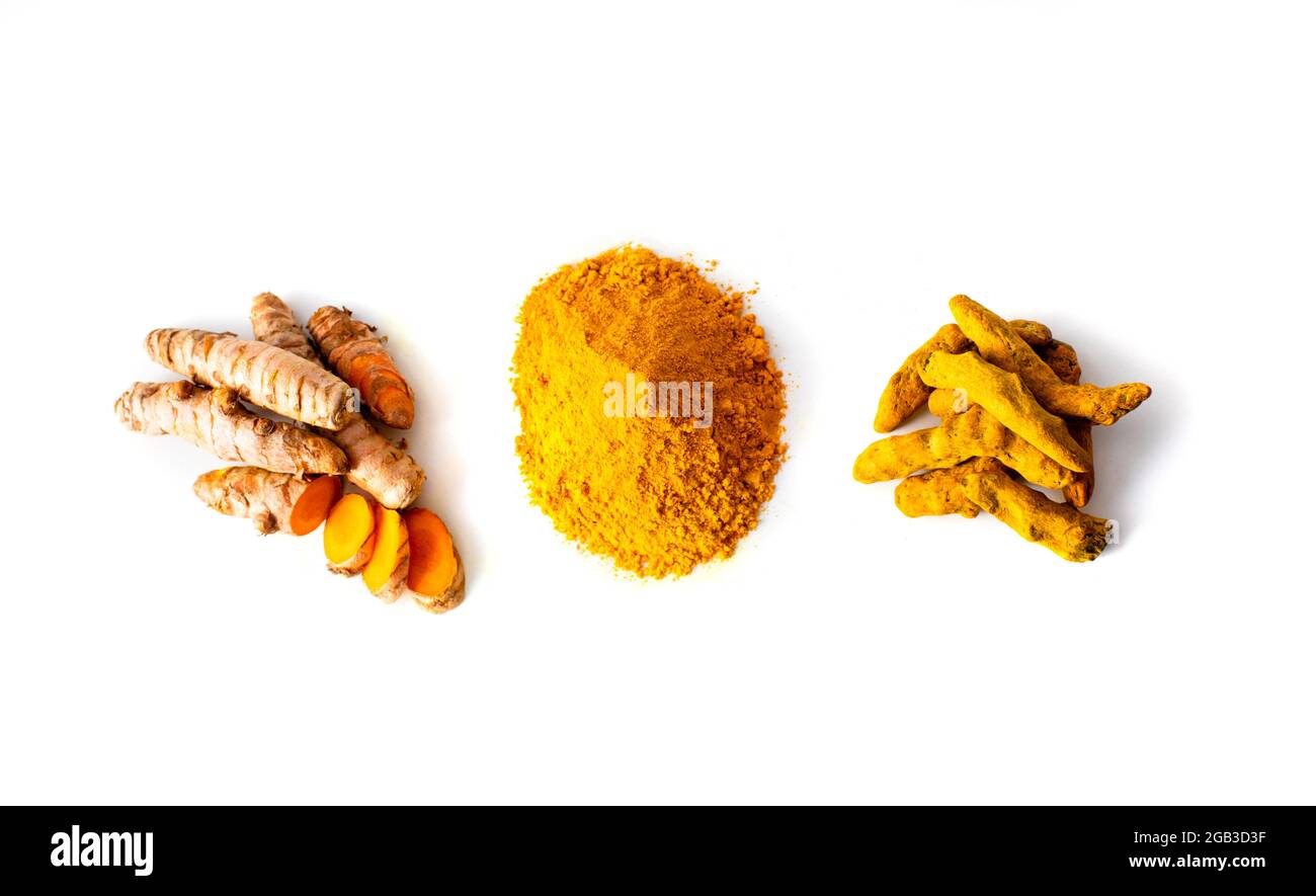 Turmeric rhizome and powder on white background Stock Photo - Alamy