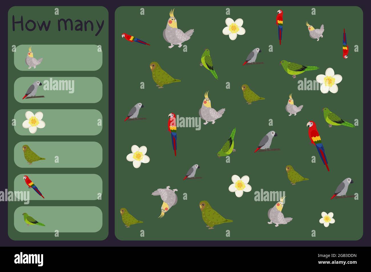 Kids mathematical mini game - count how many parrots and tropical ...