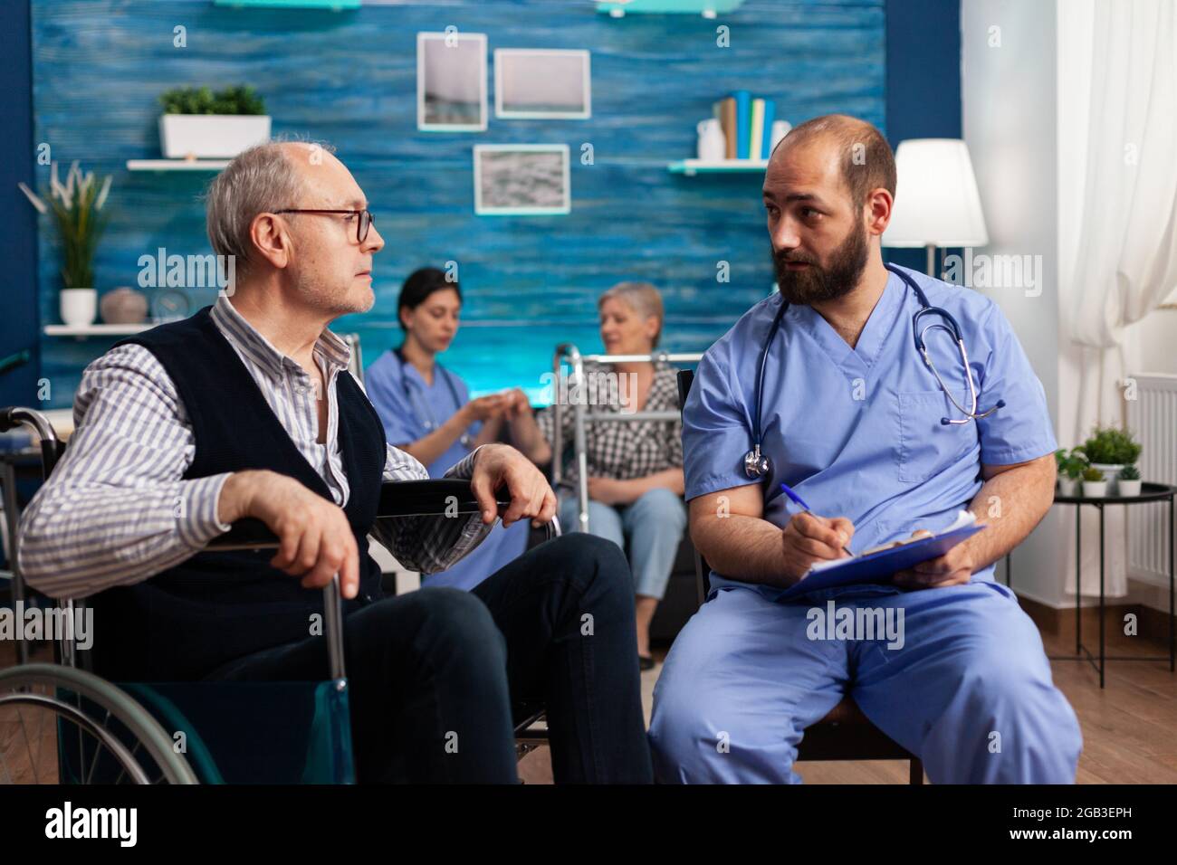 Support assistant man worker writing medication treatment on clipboard ...