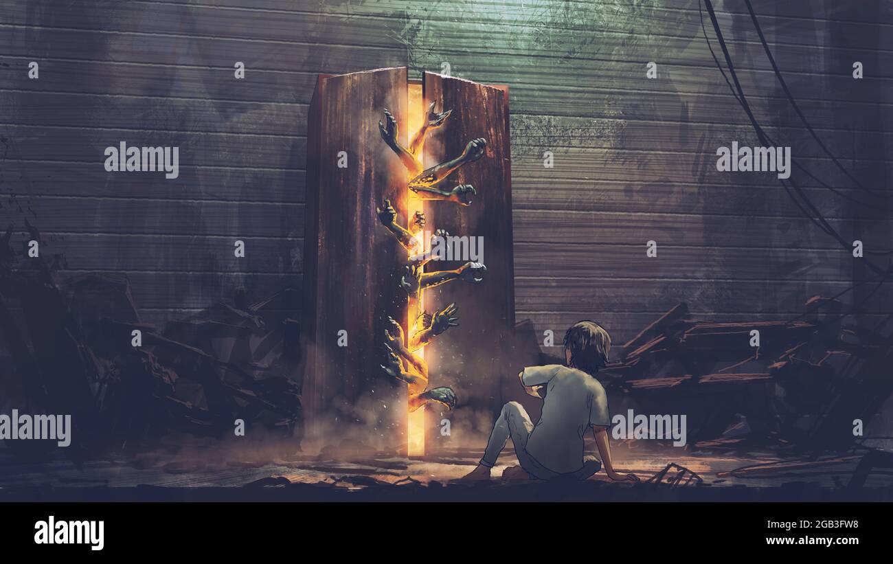 The child scarying to see the hands sticking out from the old cabinet ...