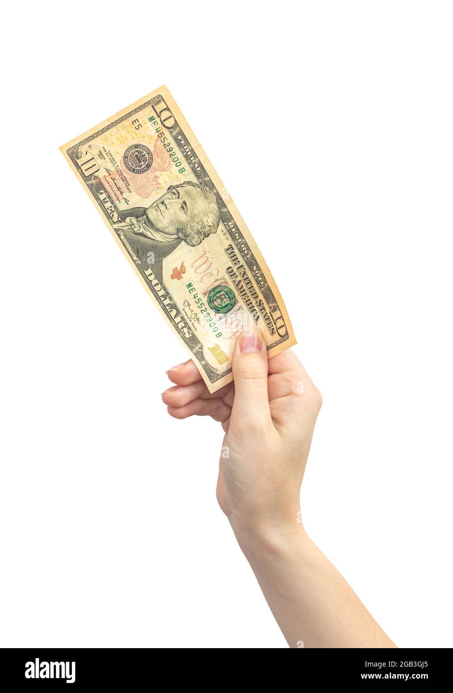 10 dollars in hand isolated on white background, woman hand with ...