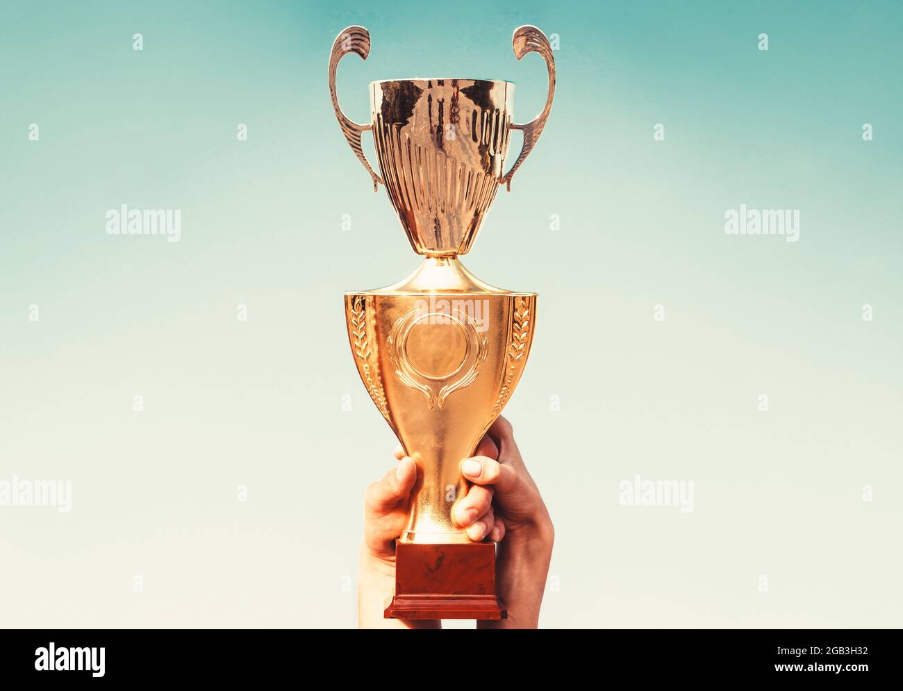 Hand of the person with a sports trophy. Gold trophy cup as a winner ...