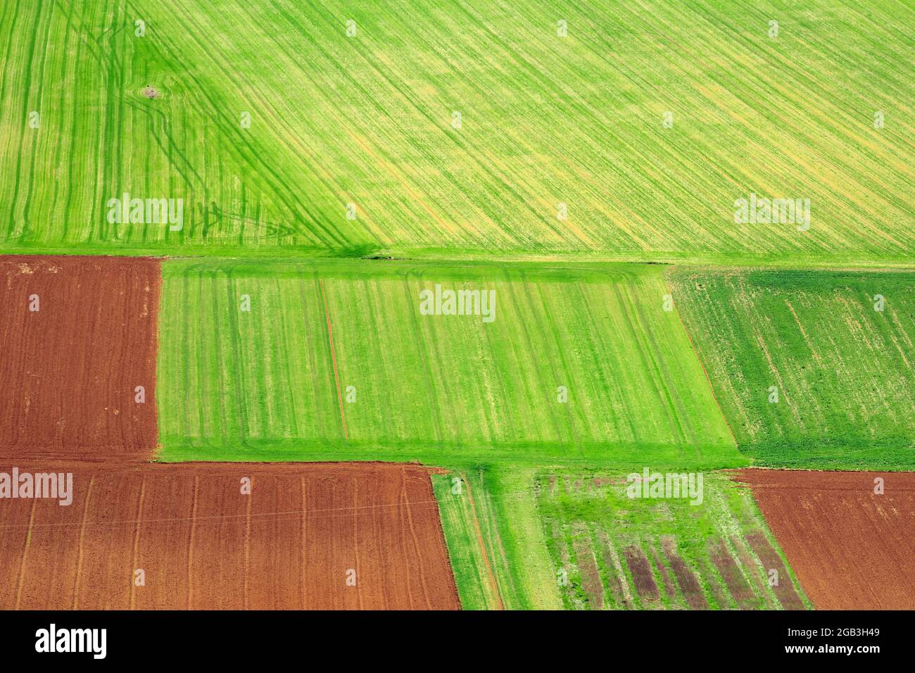 Aerial photo of a multicolored and fertile cultivated field during ...