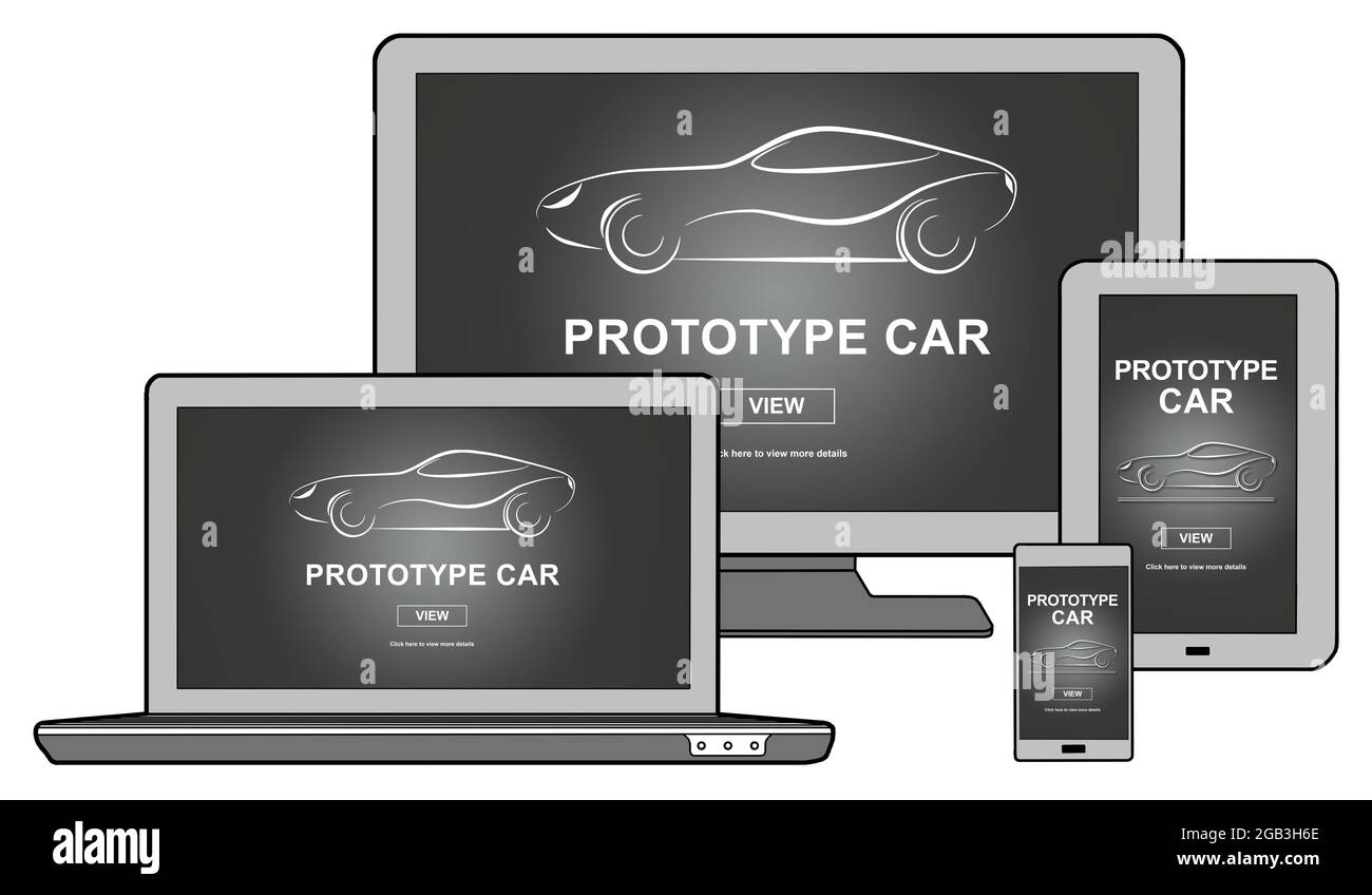 Prototype car concept shown on different information technology devices ...