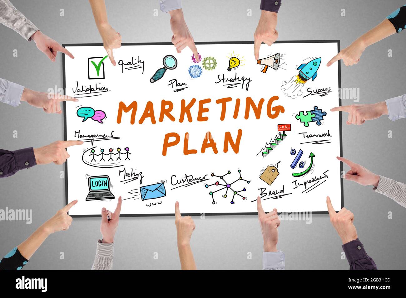 Hands pointing to marketing plan concept Stock Photo - Alamy
