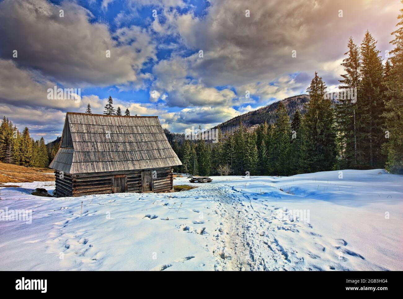 view of an old hut in the Polish Tatra Mountains in the Olczyska Valley ...