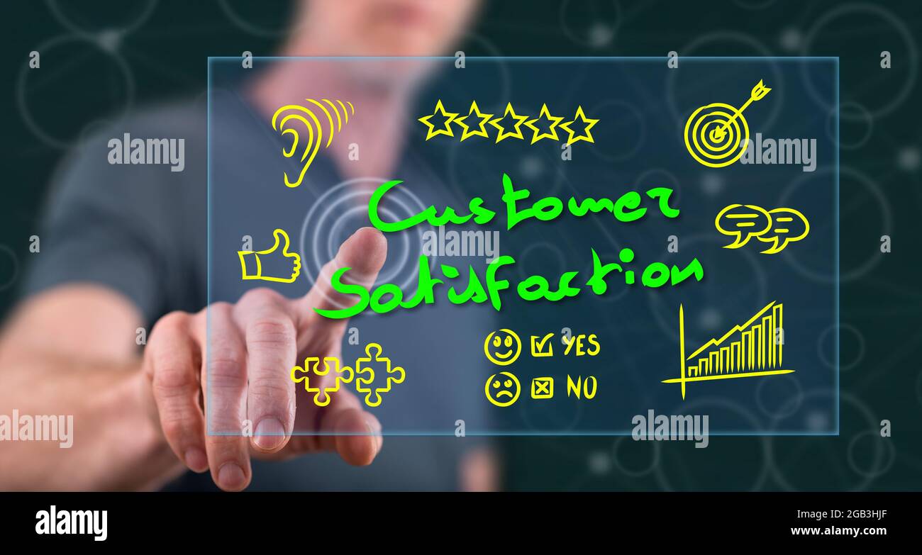 Man touching a customer satisfaction concept on a touch screen with his ...