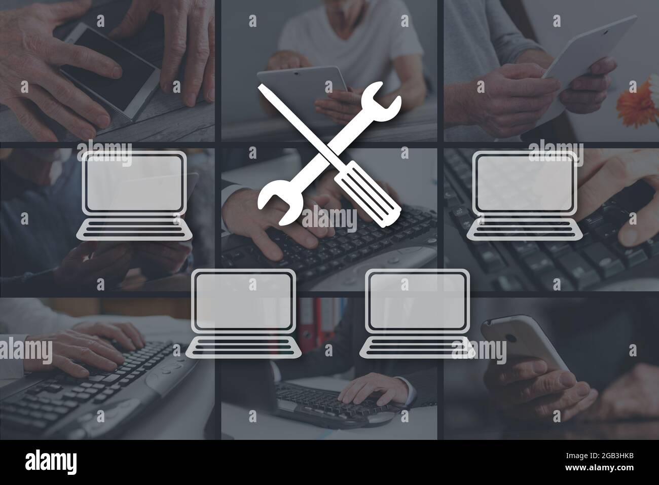 Maintenance service concept illustrated by pictures on background Stock ...