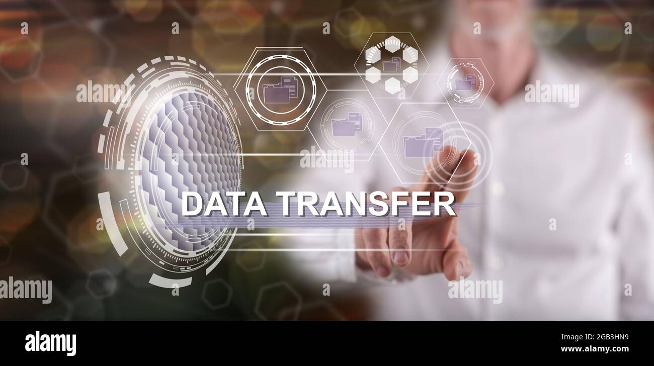 Man touching a data transfer concept on a touch screen with his finger ...