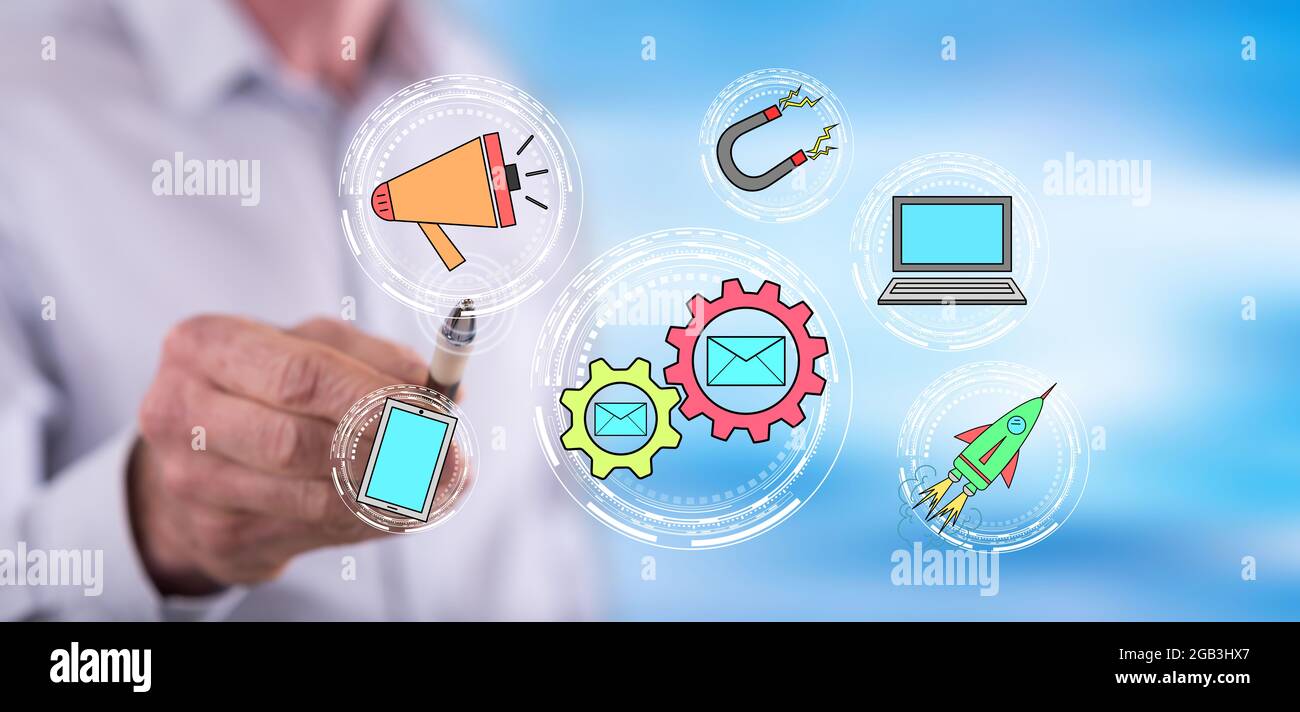 Man touching a digital marketing concept on a touch screen with a pen ...