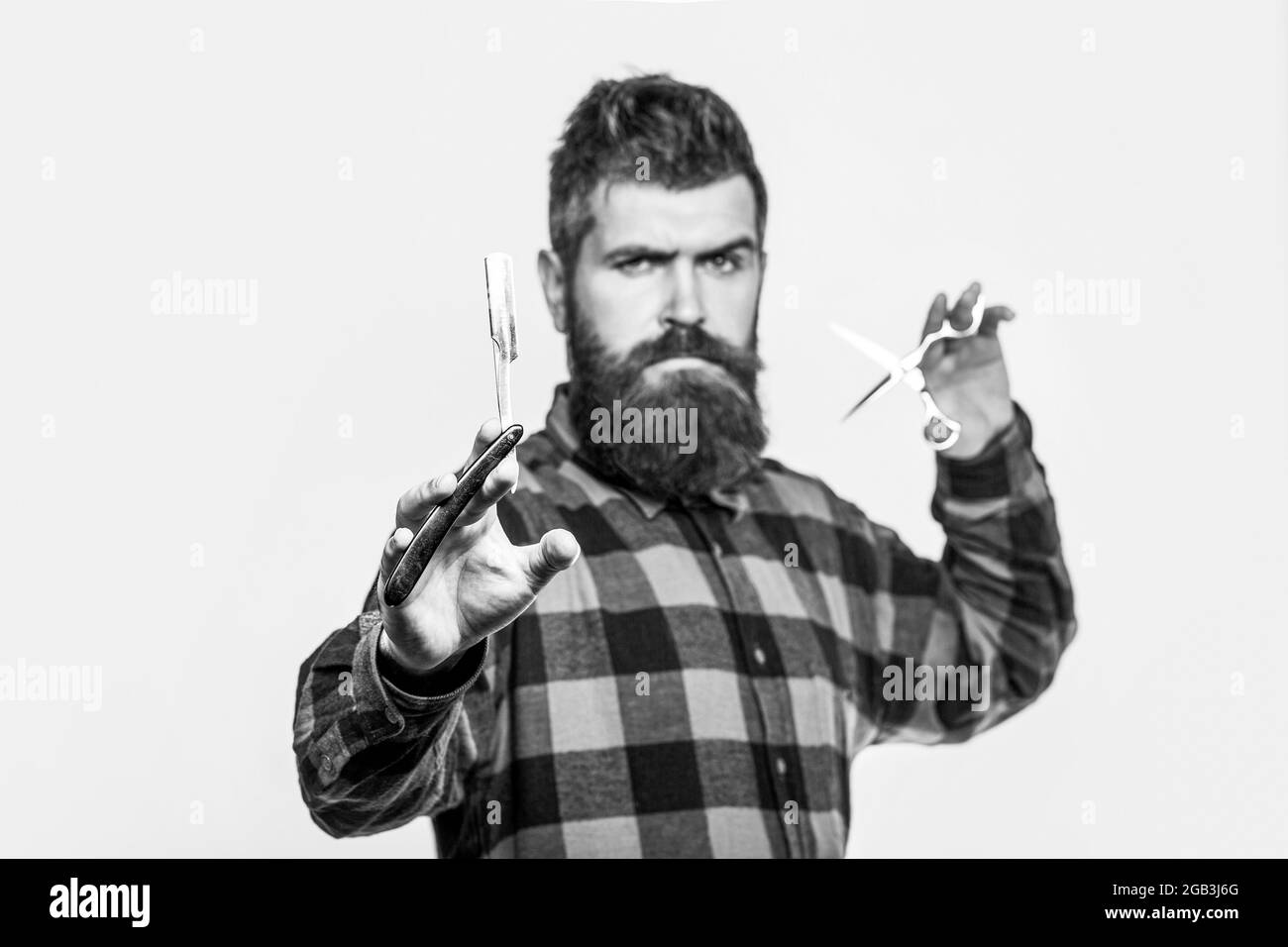 Beard man, bearded male. Portrait beard man. Barber scissors and ...