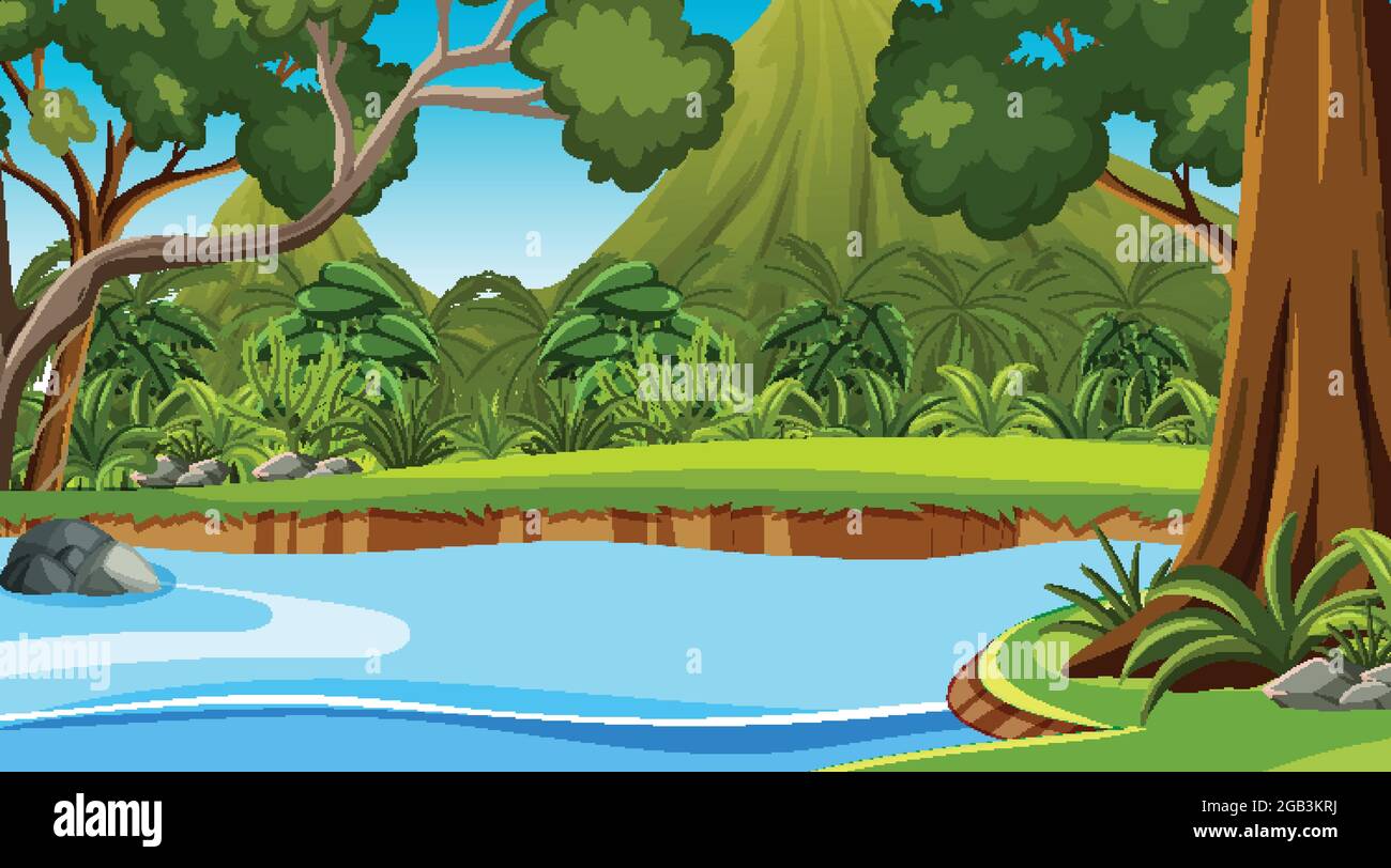 Nature scene with stream flowing through the forest illustration Stock ...