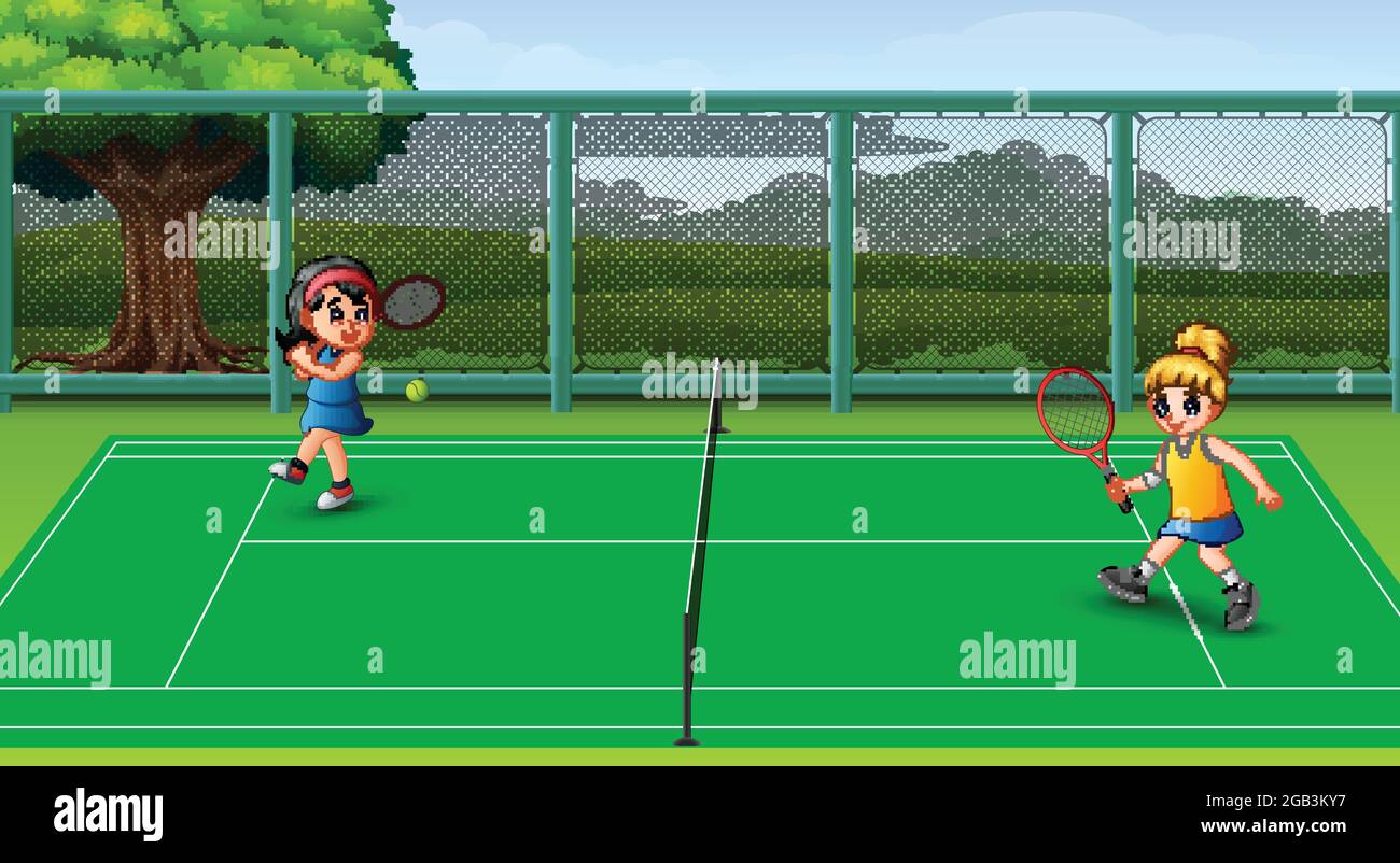 Happy kids playing tennis at the courts Stock Vector Image & Art - Alamy