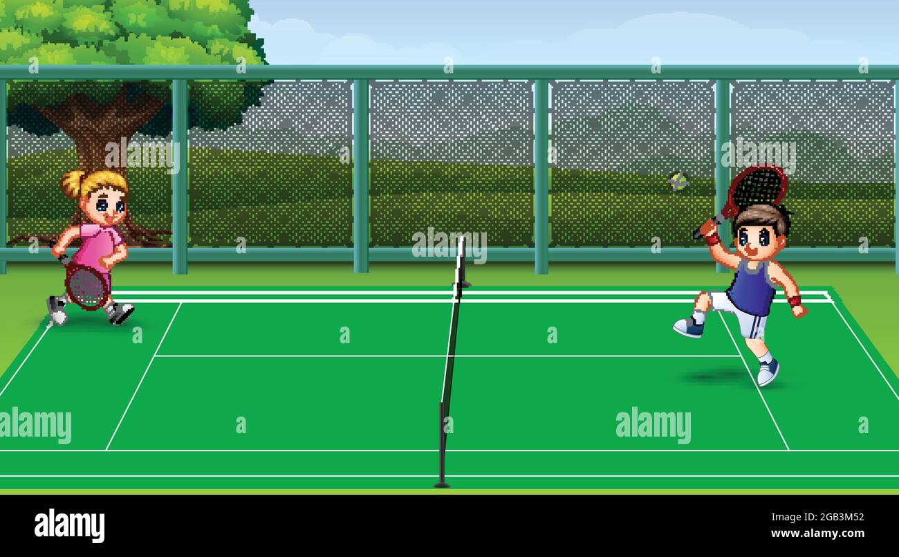 Happy kids playing tennis at the courts Stock Vector Image & Art - Alamy