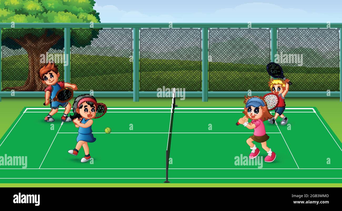 Happy kids playing tennis at the courts Stock Vector Image & Art - Alamy