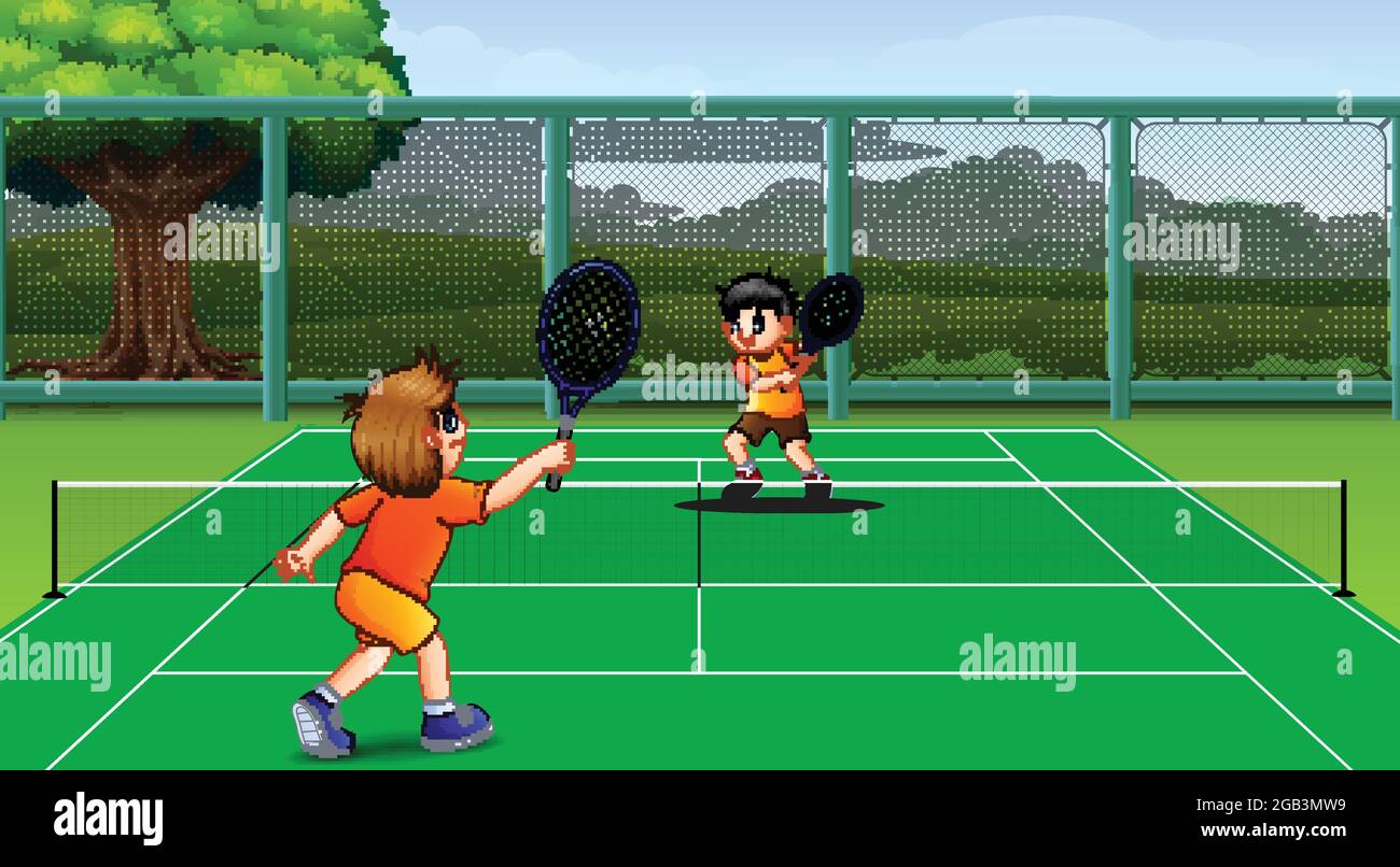 Happy kids playing tennis at the courts Stock Vector Image & Art - Alamy