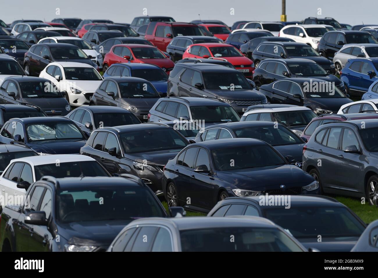 Numerous cars packed into a field Stock Photo - Alamy