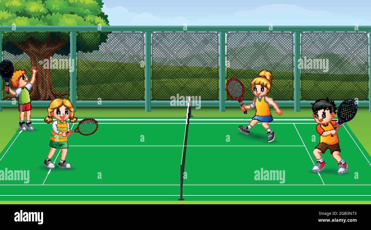 Happy kids playing tennis at the courts Stock Vector Image & Art - Alamy